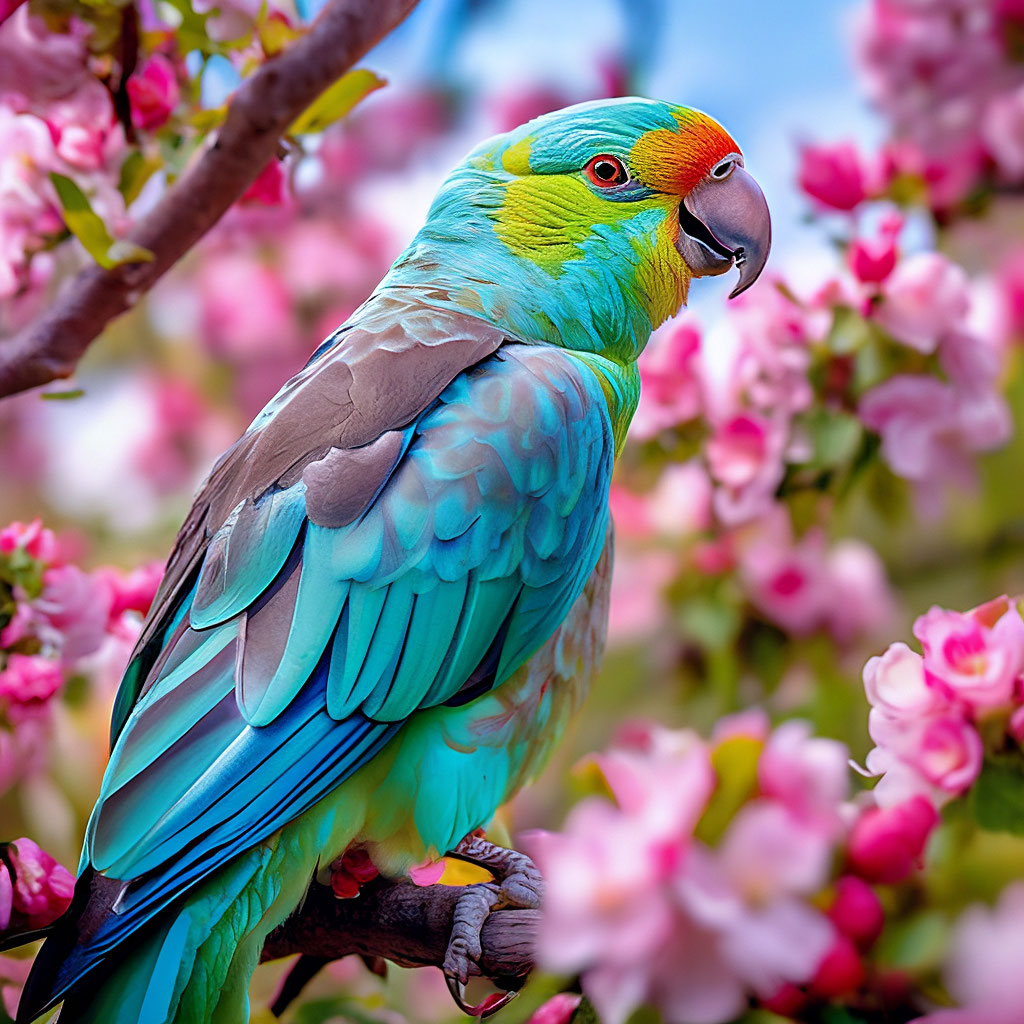 "Talking bright parrot🌺 Gorgeous parrot in a blooming apple orchard on ...