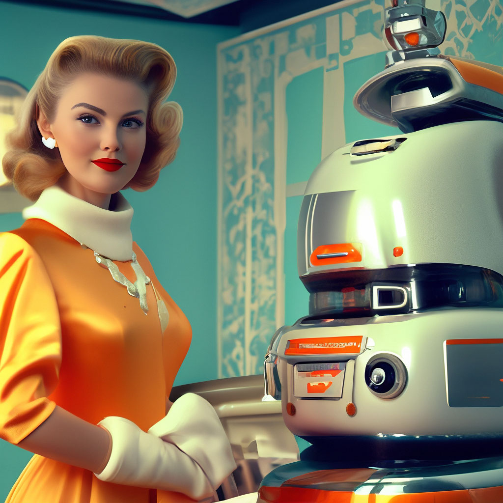 "A housewife in chic intricate designer puffy clothes with an atomic ...