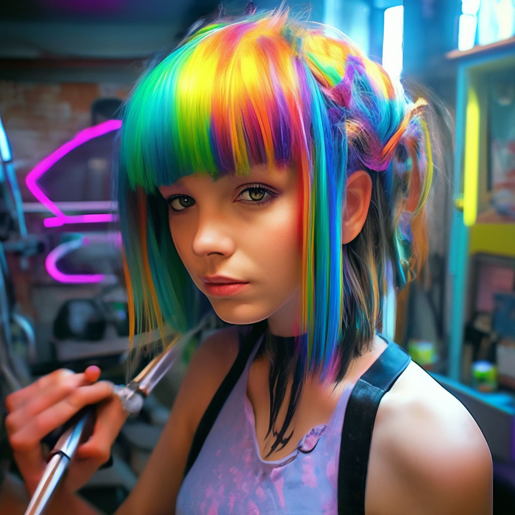 "The girl cuts off her bangs with scissors, her hair is tousled with ...