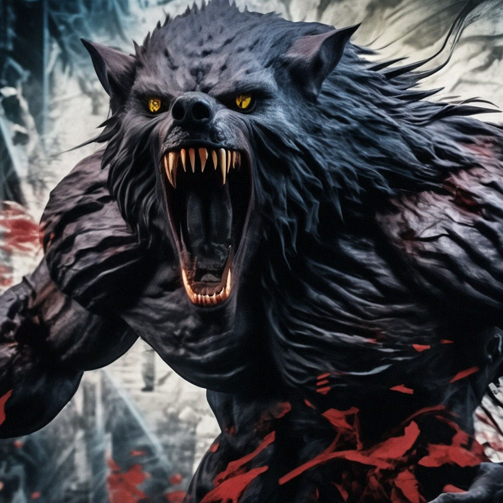 "Collage, horror and Anthropomorphic werewolf, huge musculature, power ...