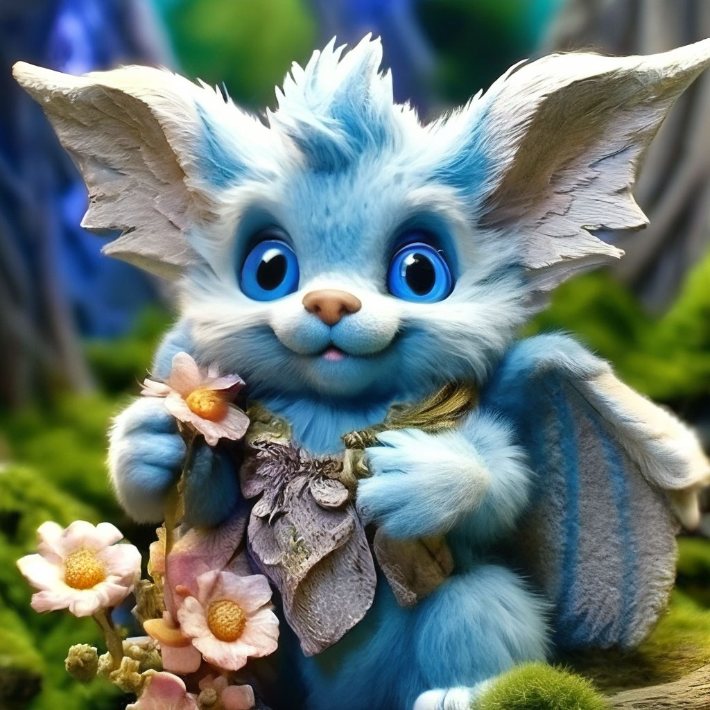 "Fantasy, cute charming fluffy fur baby gargoyles with wings, long tail ...