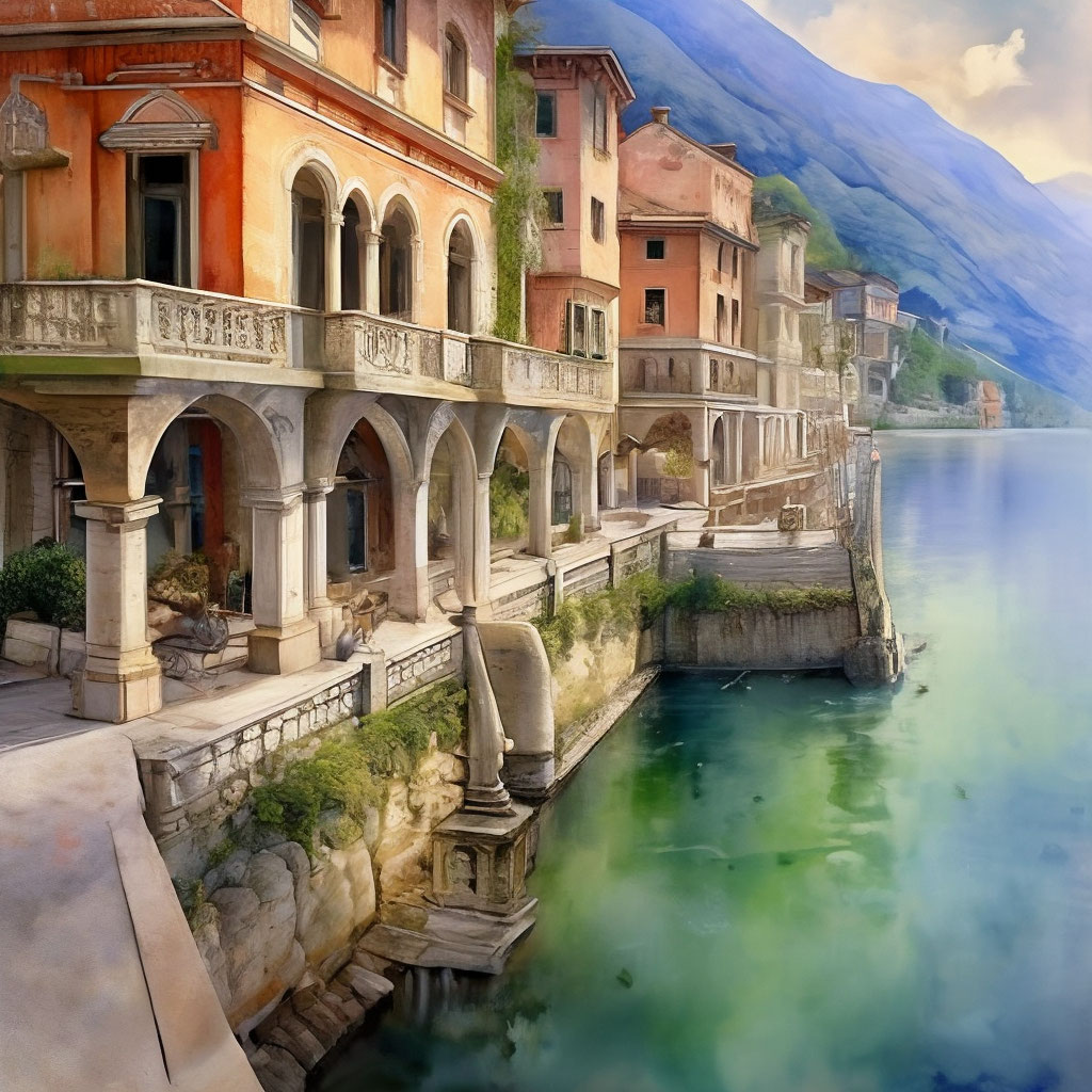 "Watercolor, villas on the Sirmione embankment, Lake Garda, drawing ...