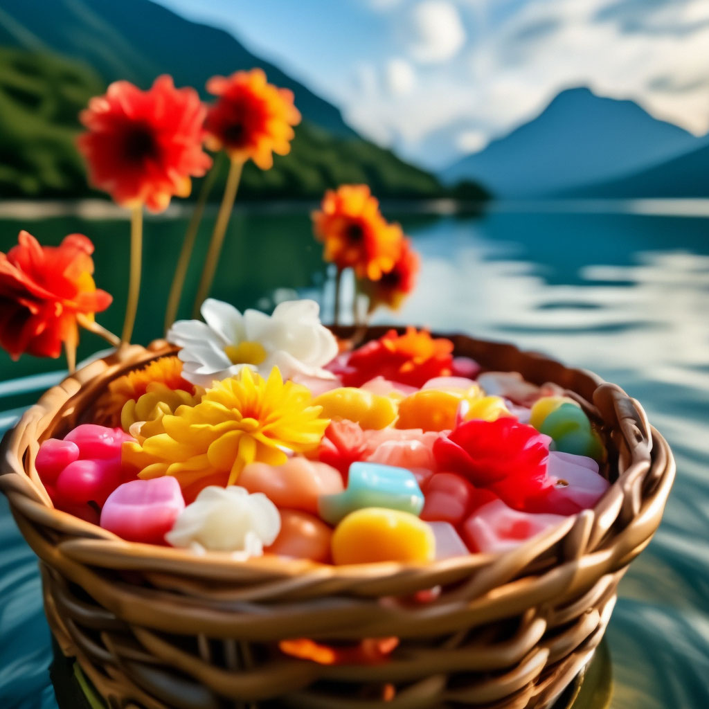 "Flower candies in a basket on the water" — image created in Shedevrum