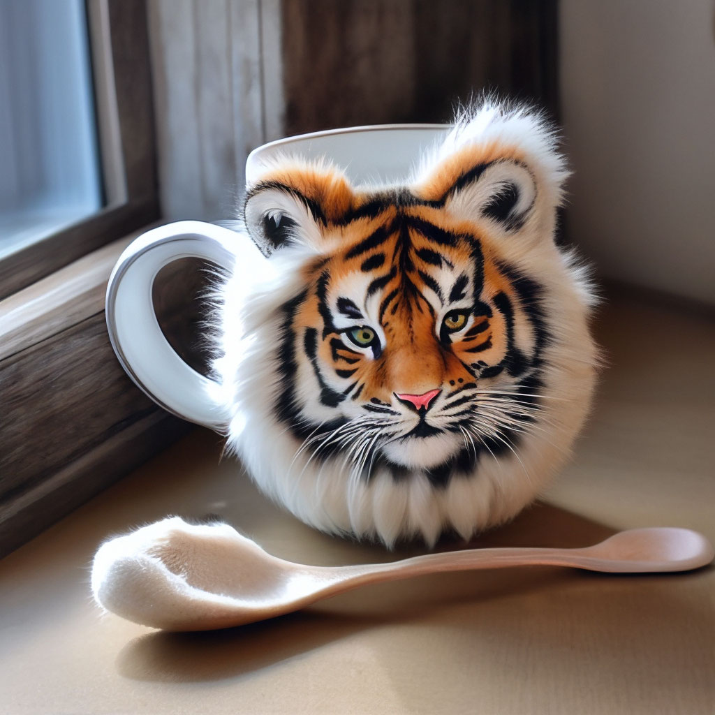 "Fluffy mug and spoon,made of fluffy tiger fur ,ink drawing,surrealism ...