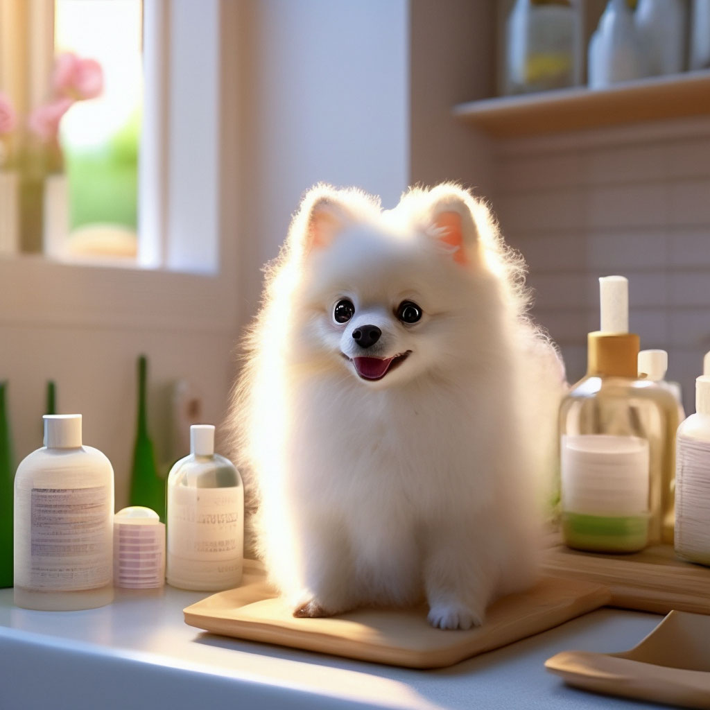 "A very small, cute, white pomeranian sits in the bathroom, a shelf ...