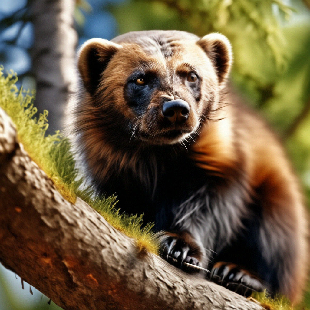 "Wolverine , photorealism, professional photo, on a large branch ...