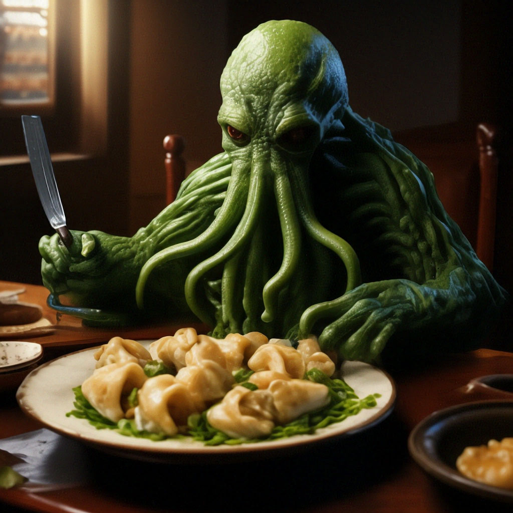 "Cthulhu eats dumplings with a fork" — image created in Shedevrum