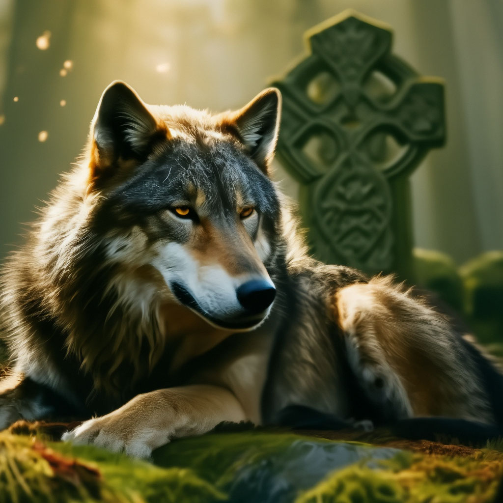 "A mature wolf lies in front of a stone Celtic cross with engraved ...