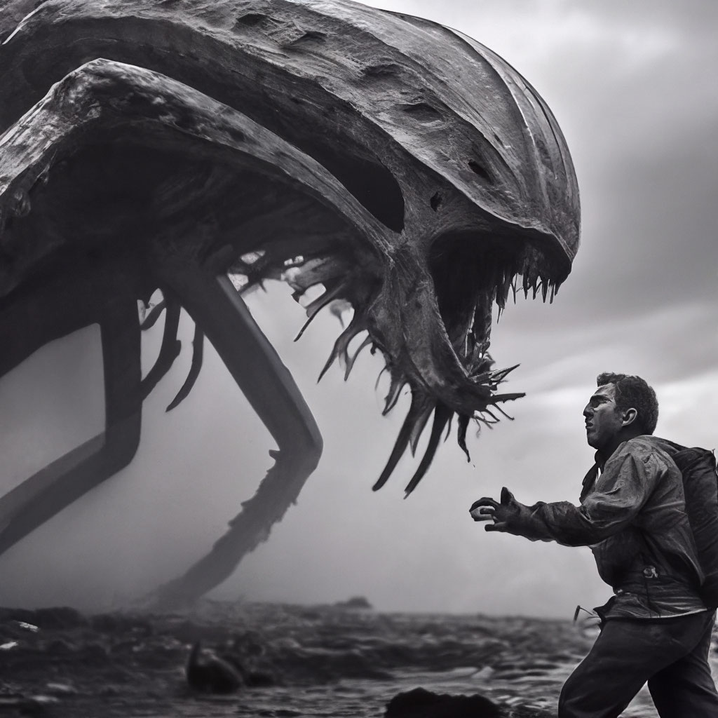 "Monochrome, science fiction, hypertrophied unknown creature bites a ...