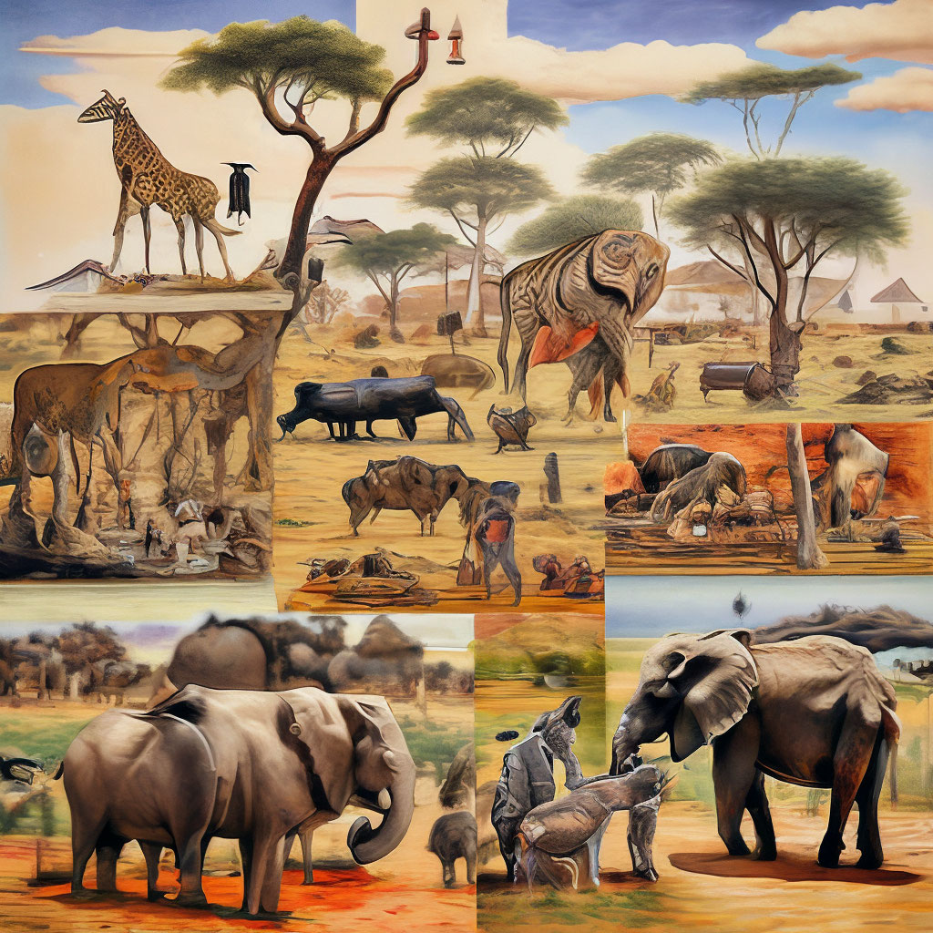 "Collage of several drawings: safari." — image created in Shedevrum