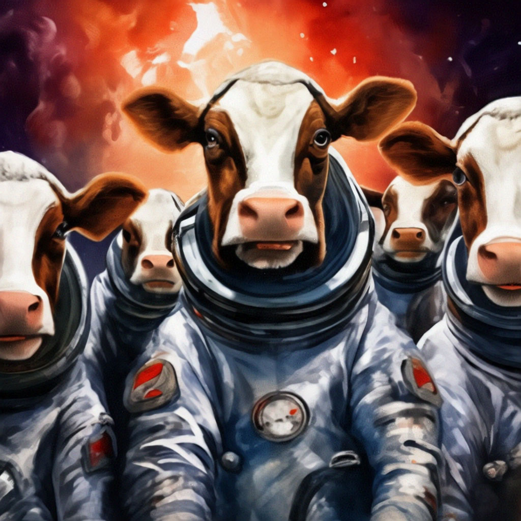 "A herd of cows in spacesuits flying in outer space grotesque ...
