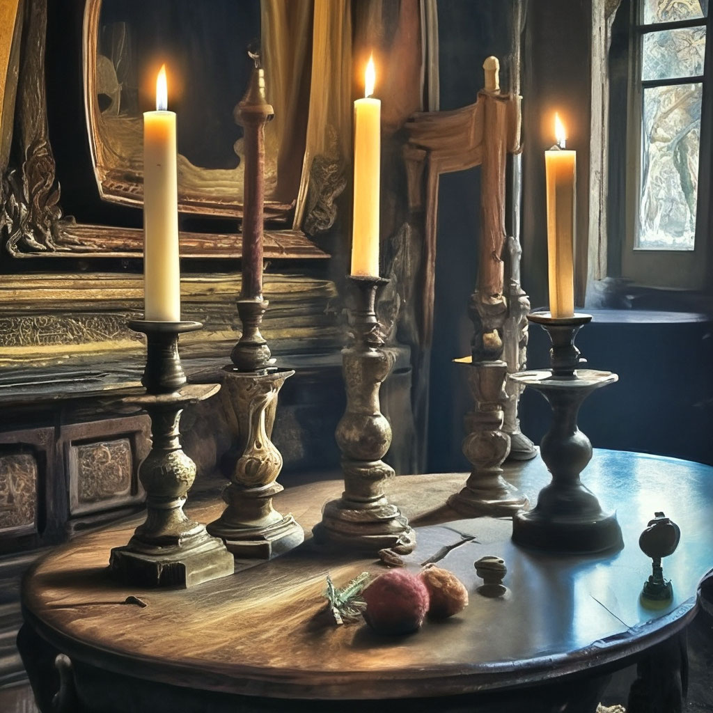 "The Middle Ages, a candlestick with three candles, on an old table, a ...