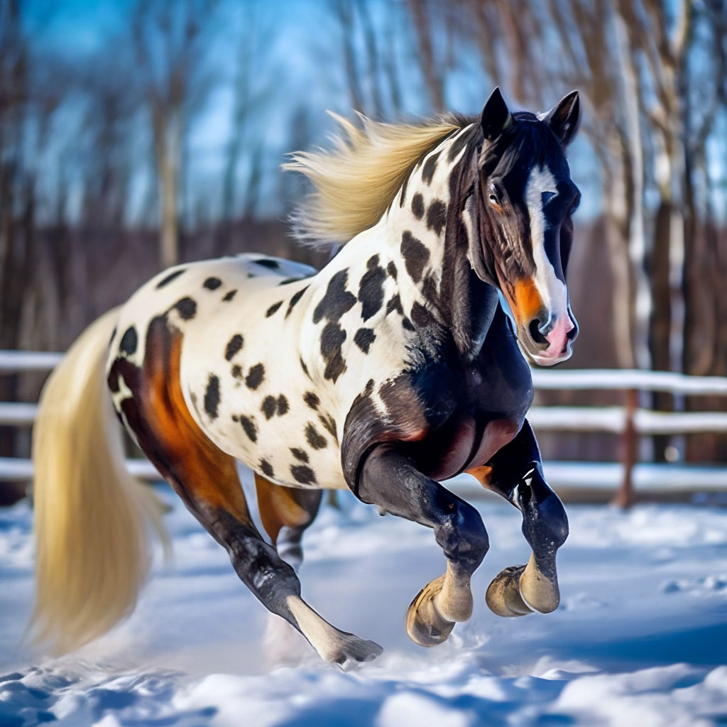 "🐎 the Tinker horse of the raven piebald color plays in the snow shiny ...