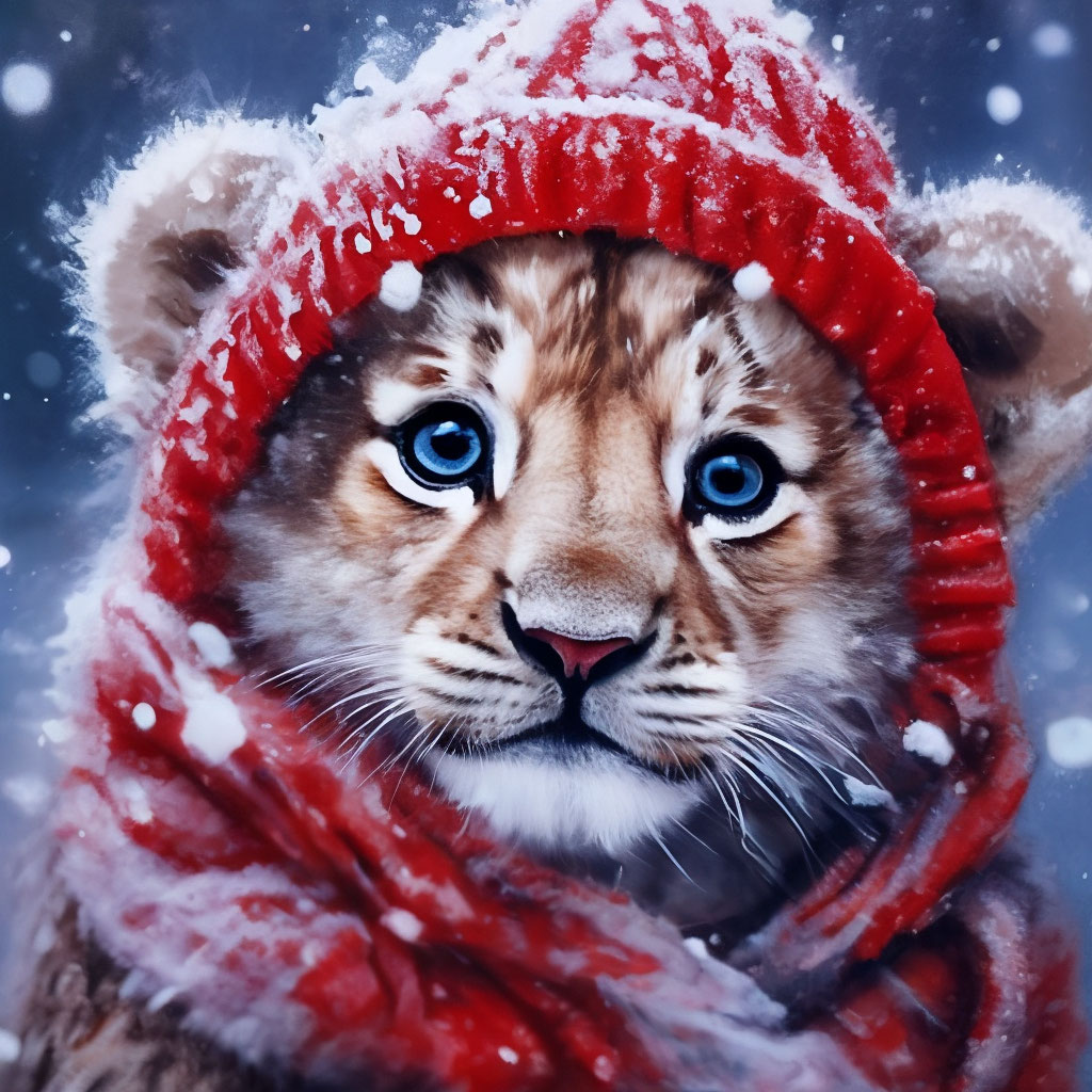 "🤍 A very cute white leopard lion cub, sitting in a red hat, super ...