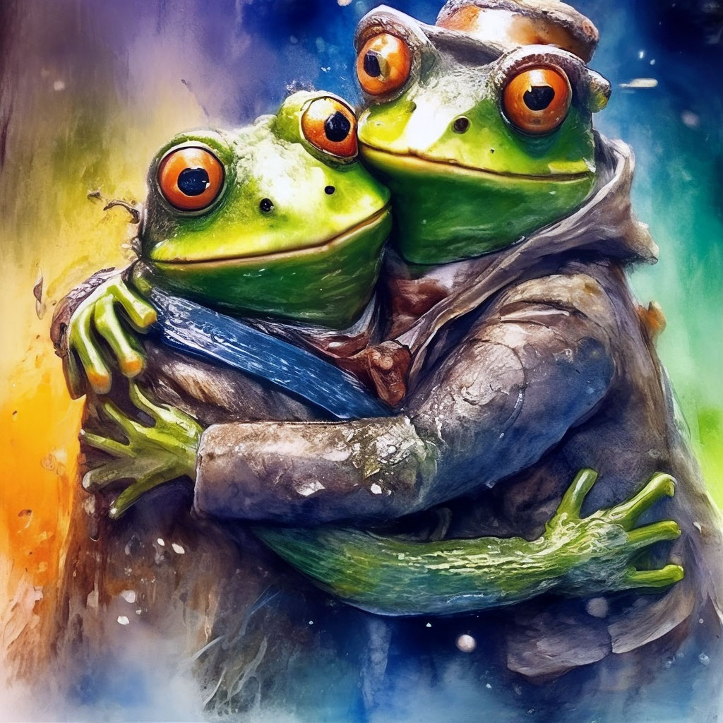 "2 frogs hugged funny 5d watercolor caricature, color drawing, high ...