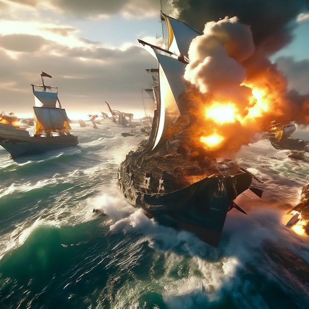 "From a bird's-eye view... 18th century naval battle, explosions, torn ...