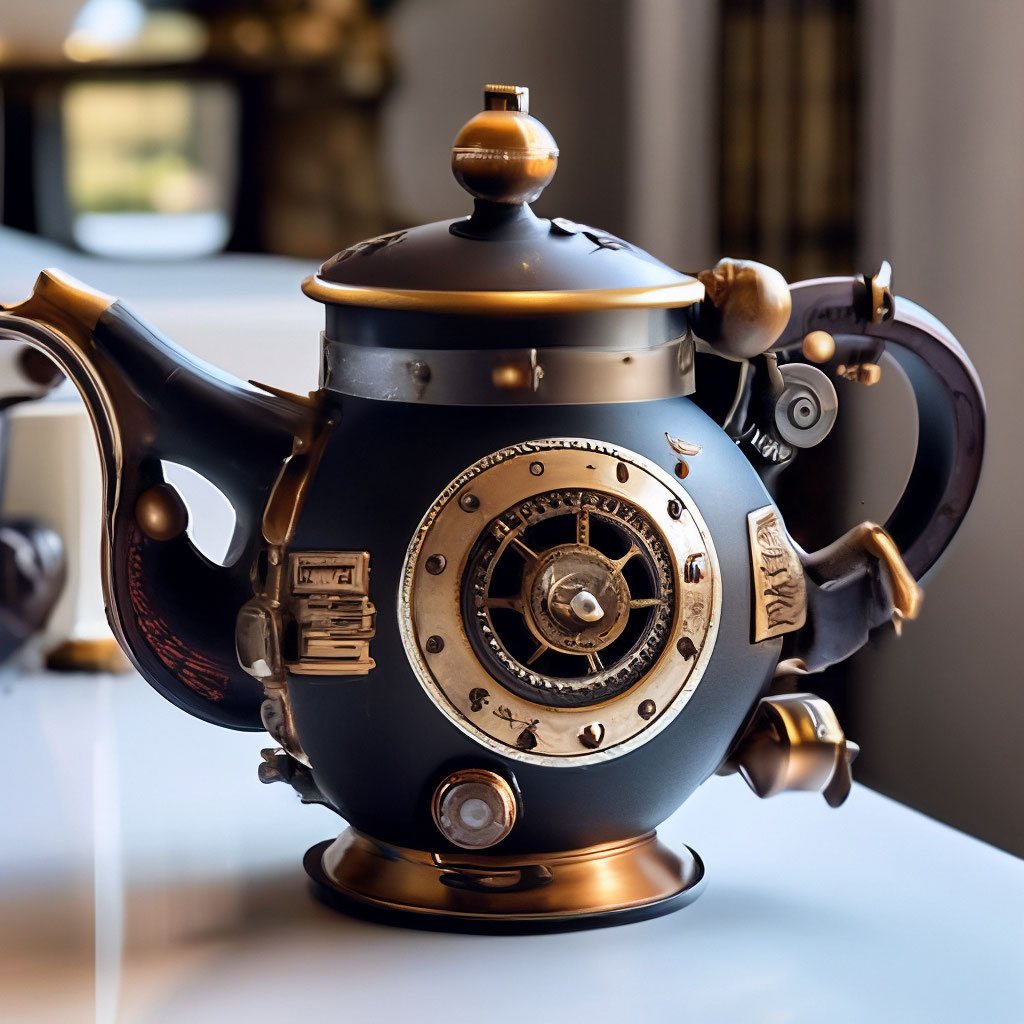 "🏡🏠🏡 A steampunk teapot in the dark style stands on a white countertop ...
