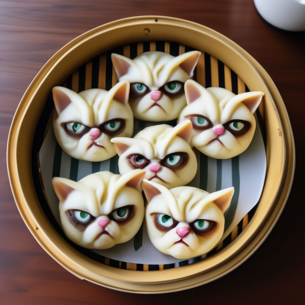 "🥟🥟🥟 dumplings in the form of grumpy cat" — image created in Shedevrum