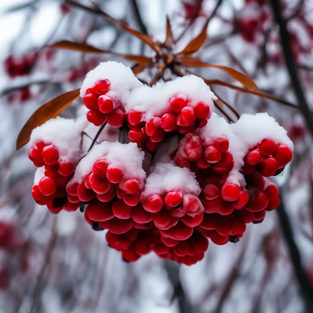 "Large large bunches of mountain ash in winter, a thin layer of snow ...