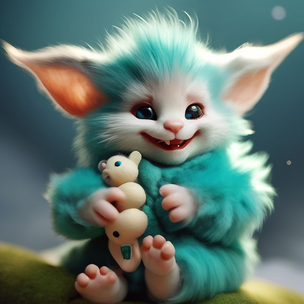«A cute little goblin baby, holding a пион in hand, very fluffy fur ...