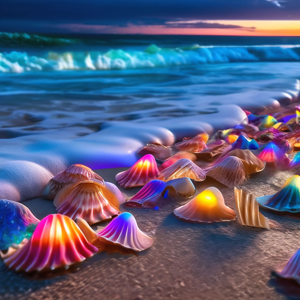 "A lot of colored luminous shells cover the seashore,sand,foam waves ...