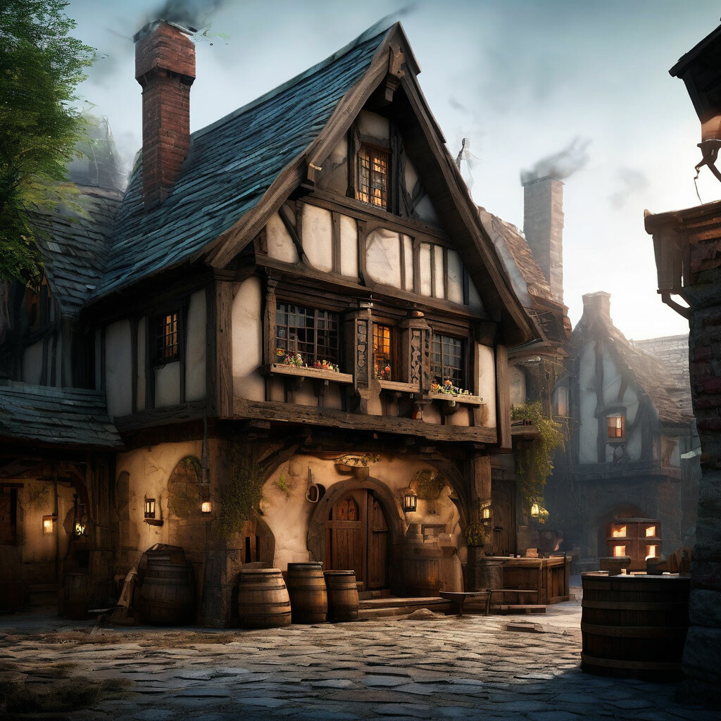 "Medieval tavern view from the outside" — image created in Shedevrum