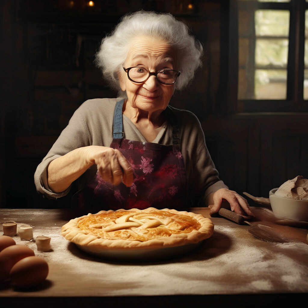 "Grandma is baking a pie" — image created in Shedevrum