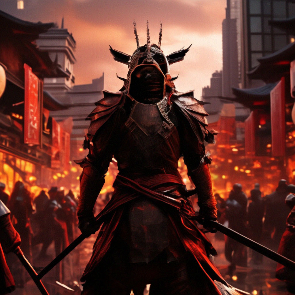 "Fiery Japanese samurai, beautiful, Japan city in the background, many ...