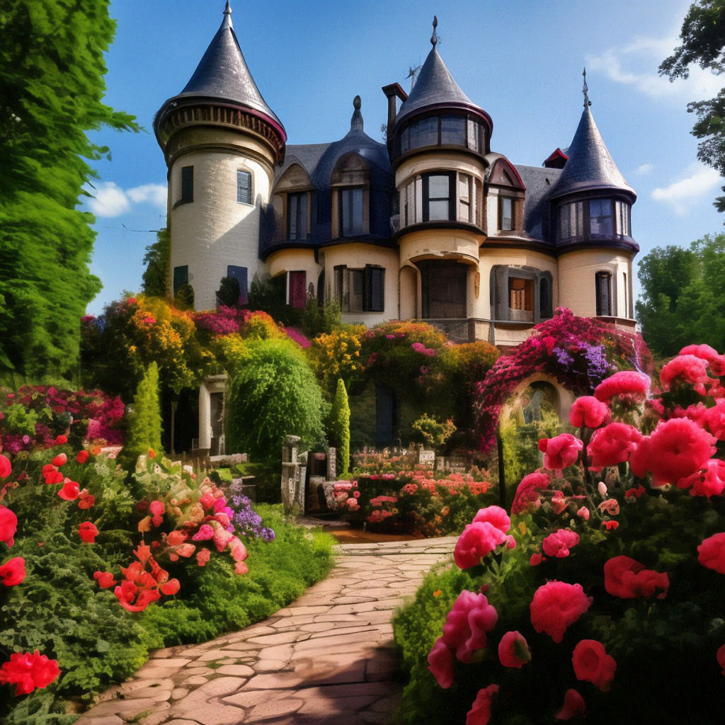 "A beautiful castle-style house surrounded by beautiful flowers - roses ...