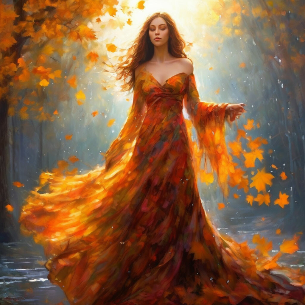 "Autumn goddess, full-length, in a long dress of colored leaves and ...
