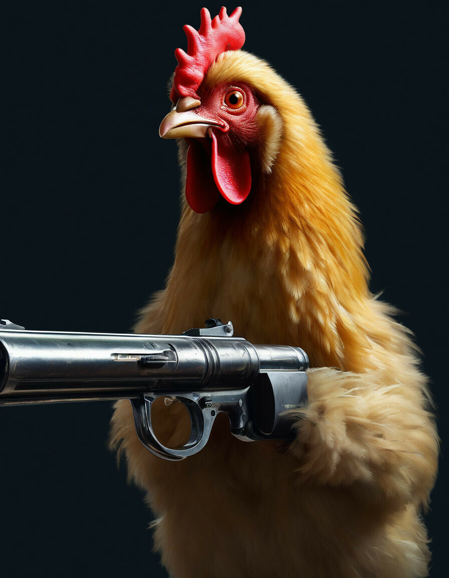 "Chicken with a gun" — image created in Shedevrum