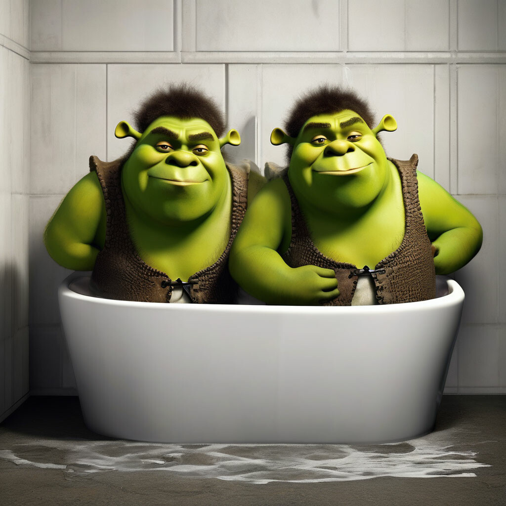 "Huge Shrek and chungachuk are bathing…" — image created in Shedevrum