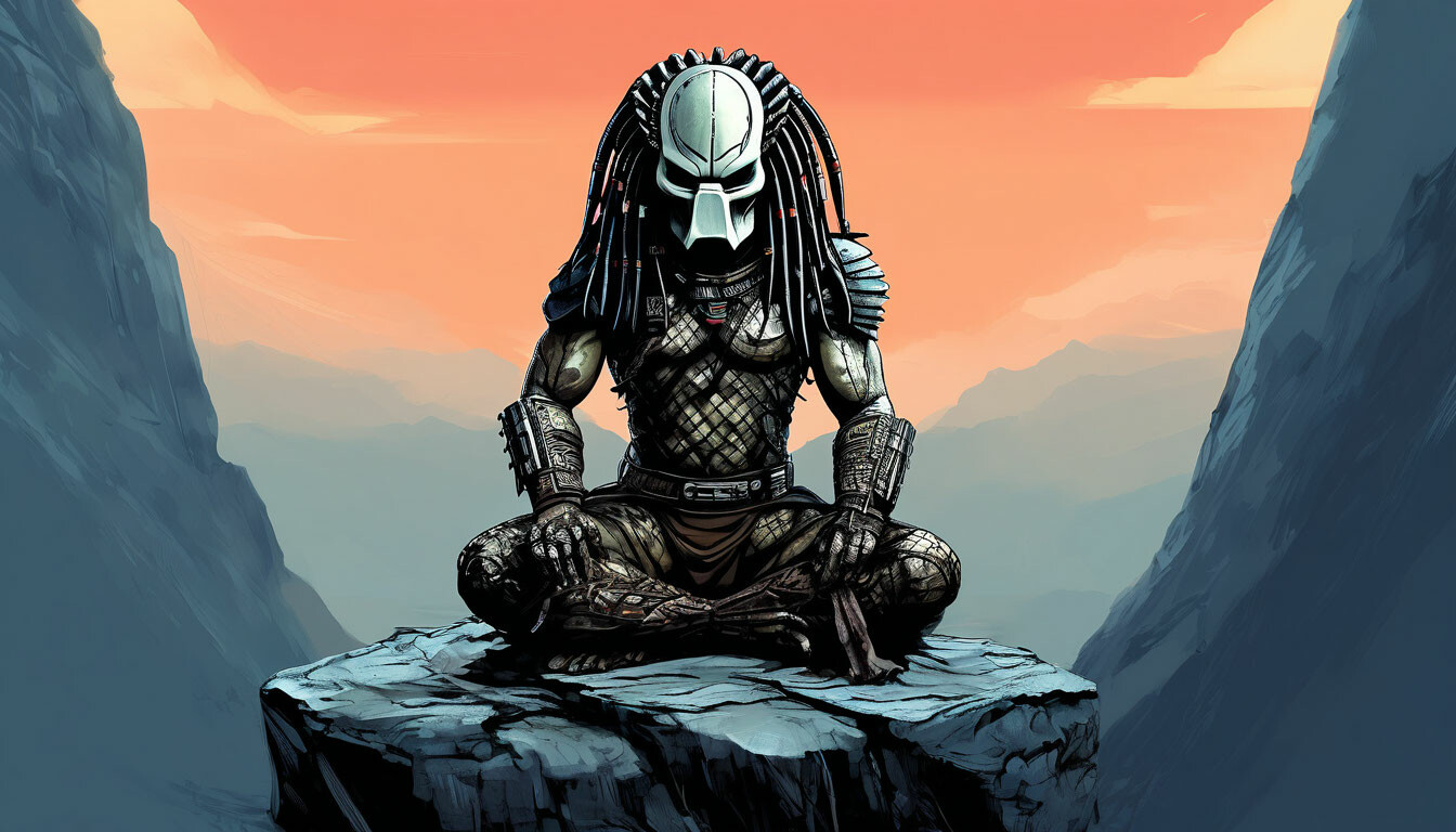 "Predator from the movie predator, sitting on the edge of a cliff in ...