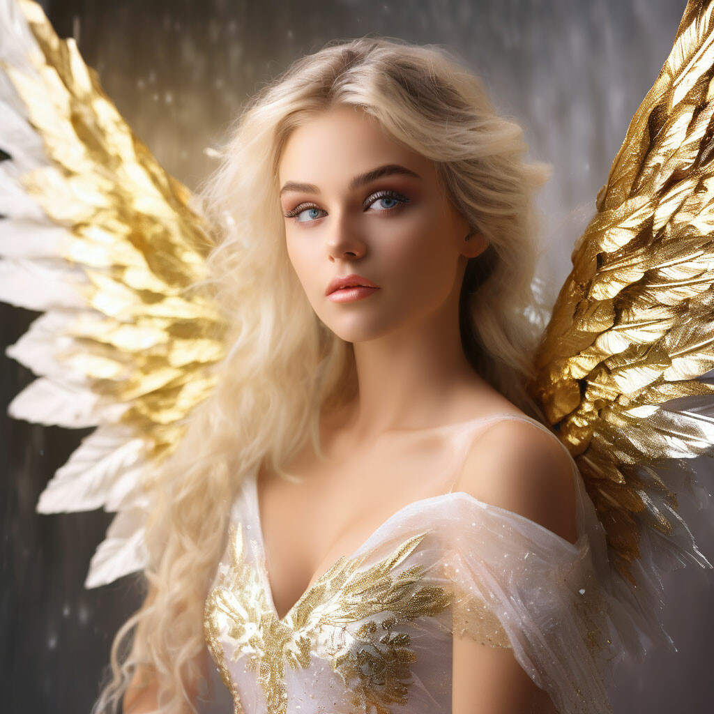 "Angel girl with snow-white and gold wings, with a delicate airy ...