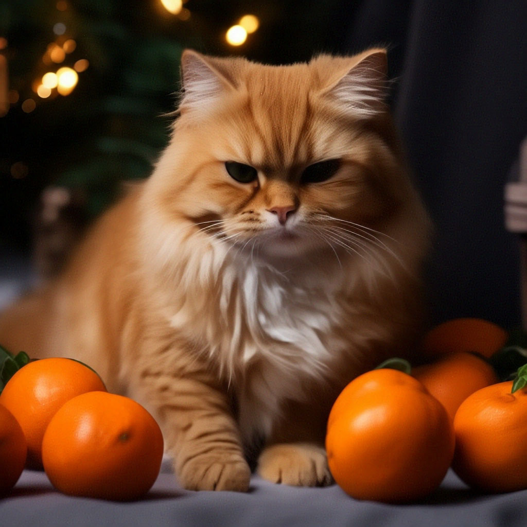 "The cat eats tangerines for the new year" — image created in Shedevrum
