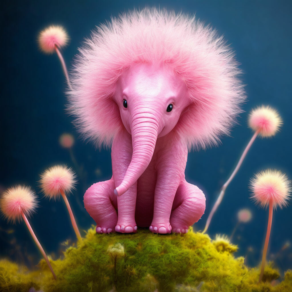"A microscopic pink elephant sits on a dandelion" — image created in ...