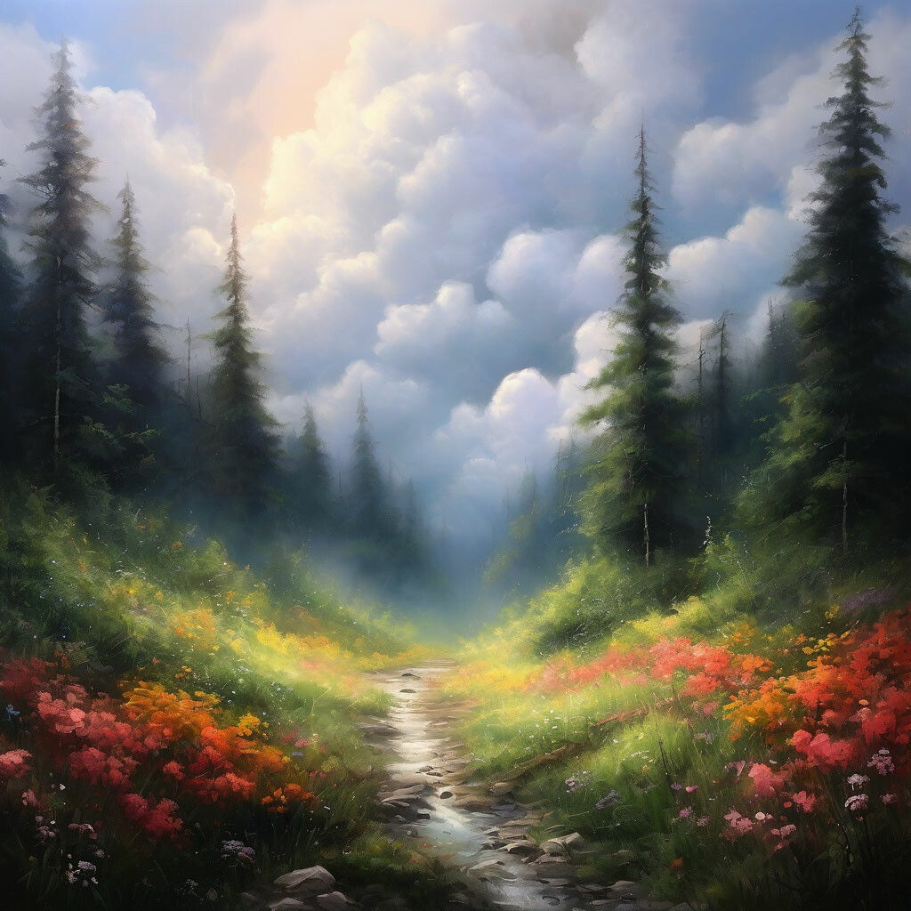 "A stunning mystical forest landscape with beautiful blooming meadows ...