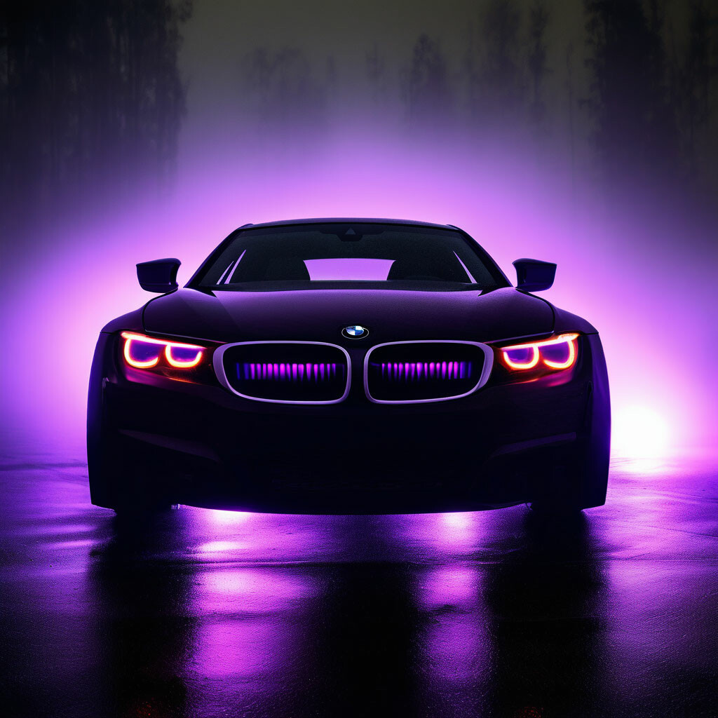 "Black BMW with purple backlight in the fog" — image created in Shedevrum