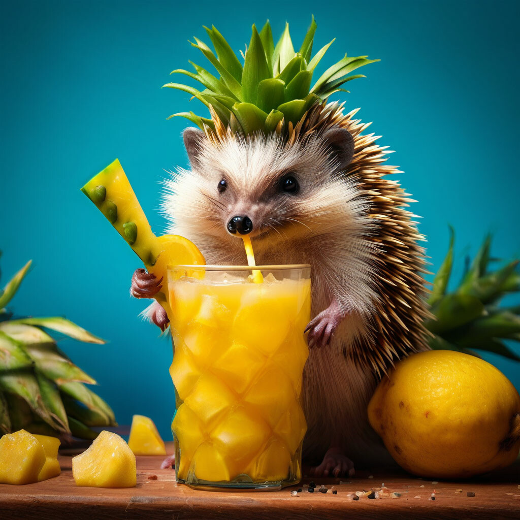 "Pineapple hedgehog drinks a cocktail from a straw, 4k ...