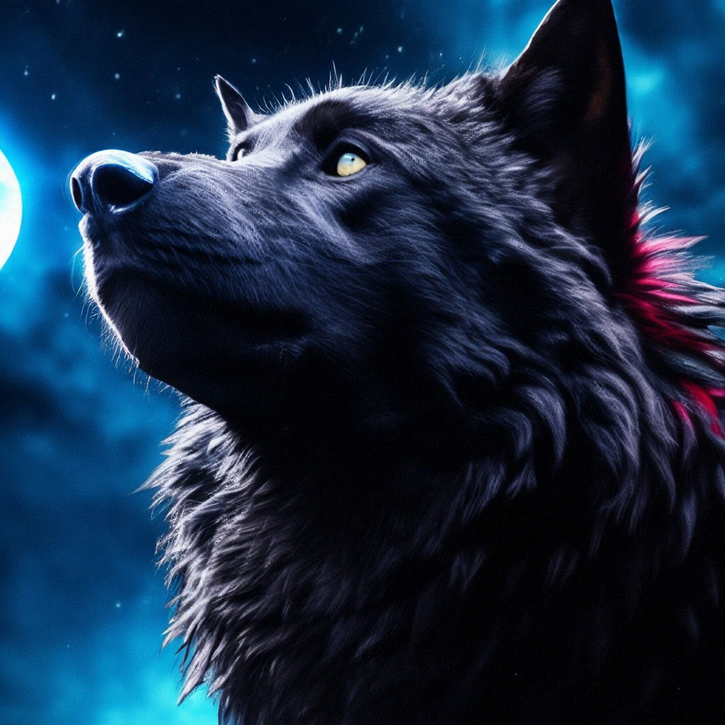 "A powerful black fantastic wolf howls…" — image created in Shedevrum