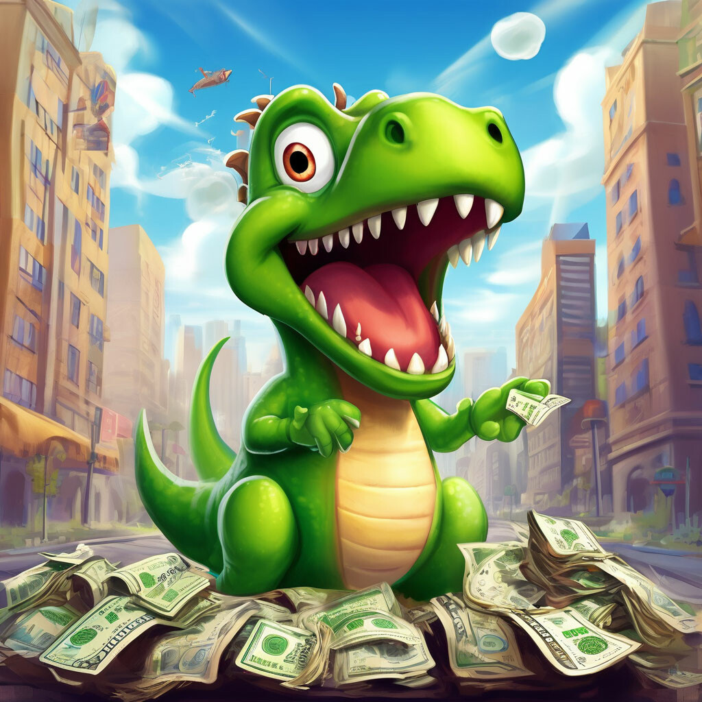 "Cartoon dinosaur with cash in the …" — image created in Shedevrum