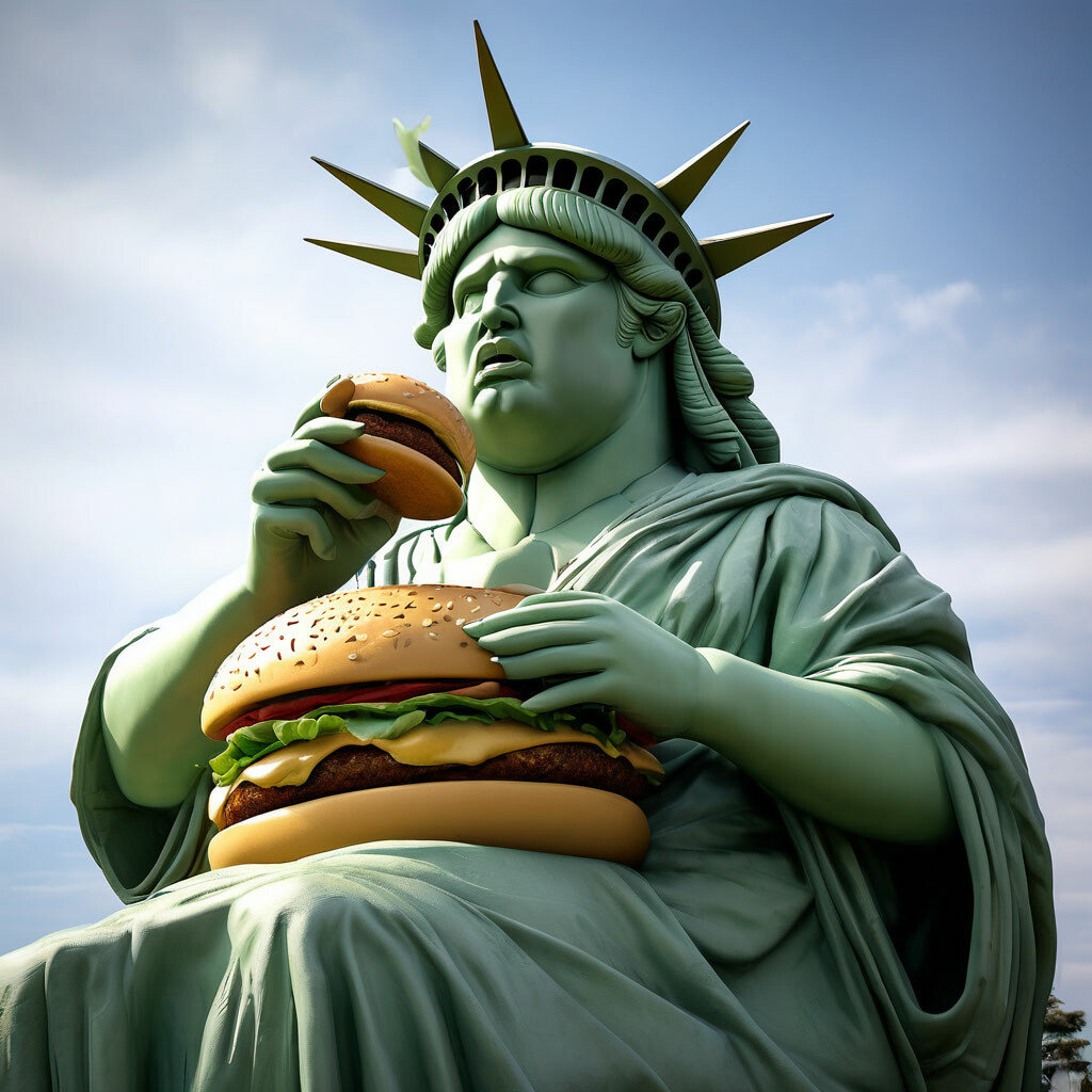 "A very fat Statue of Liberty eats a …" — image created in Shedevrum