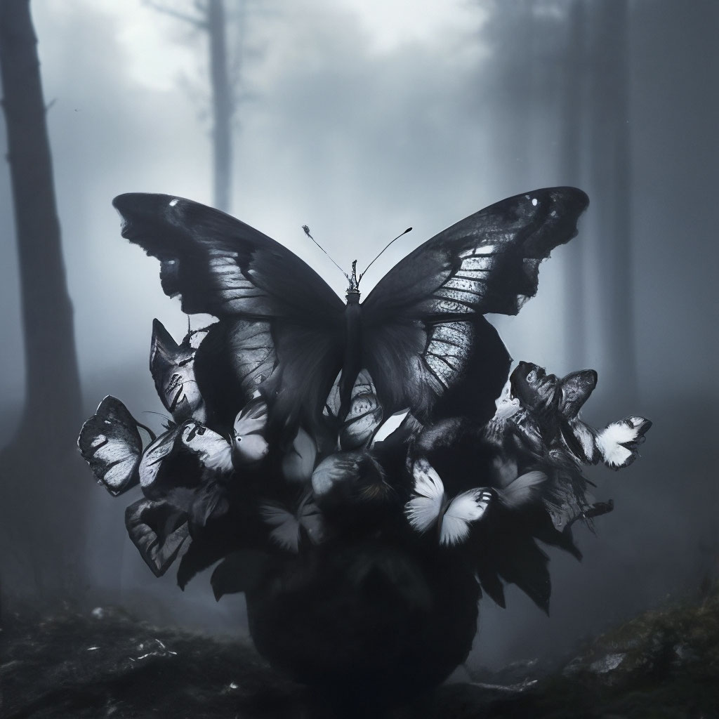 "Bouquet of butterflies, horror movie" — image created in Shedevrum