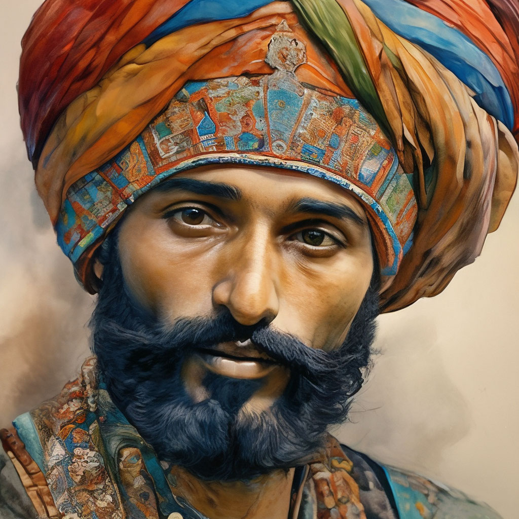 "The portrait is colored in tones of a man in a turban , English ...