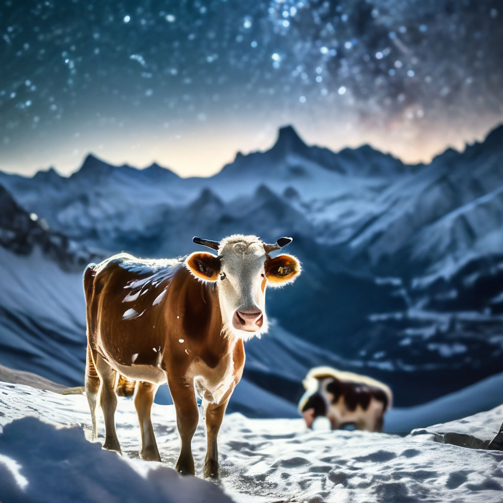 "Cow on the background of snowy mountains and stars at night" — image ...