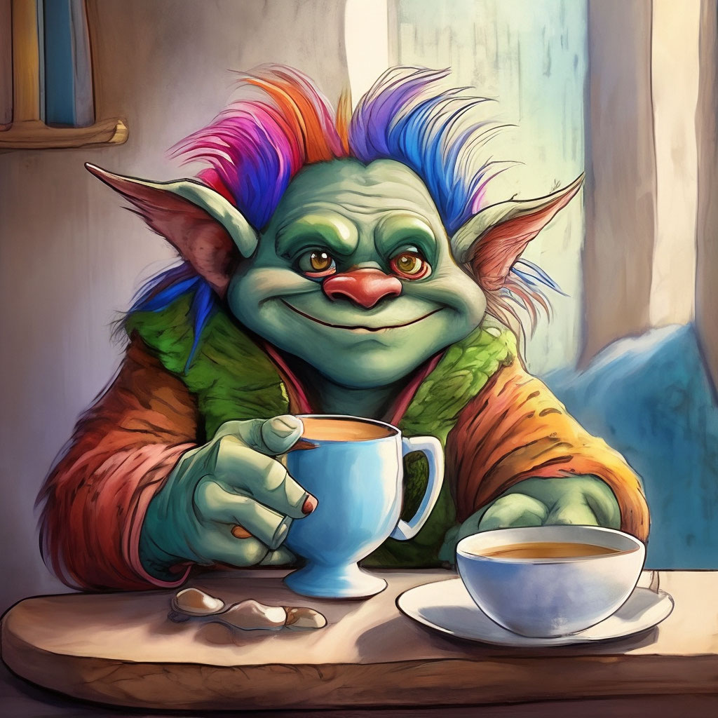A kind funny cross-eyed, lop-eared troll. multicolored eyes. sticking ...