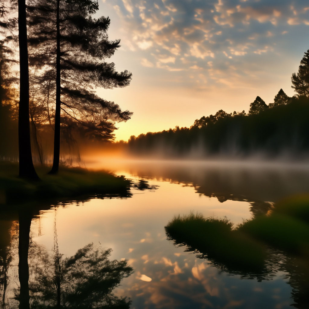 "Sunset on the river in a pine forest, fog over the water, fluffy pine ...