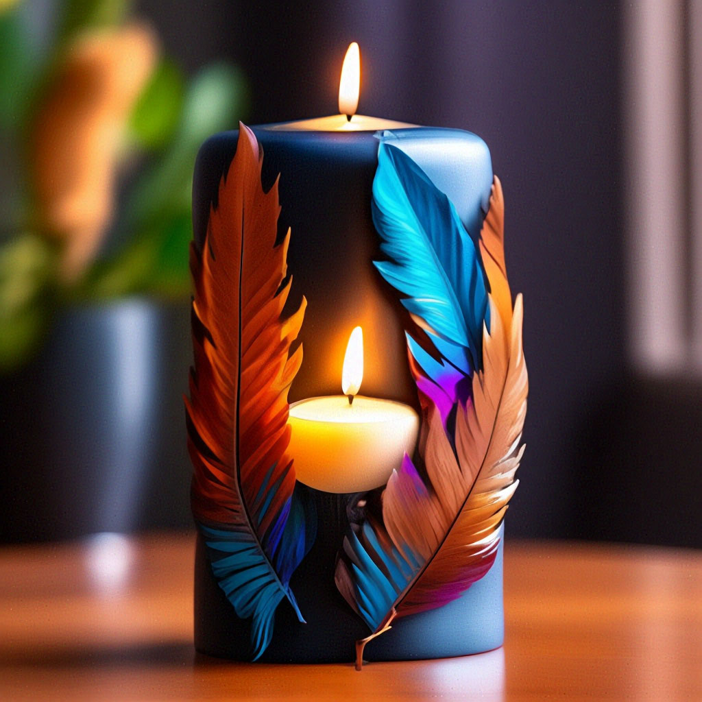 "Candle decorated with feathers, diffusion of colors" — image created ...