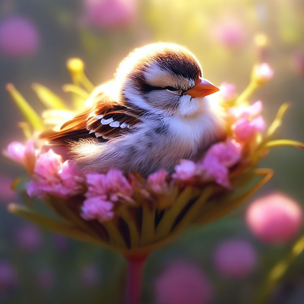 "Sleepy fluffy sparrow sleeping comfortably in a flower bud, fantasy ...