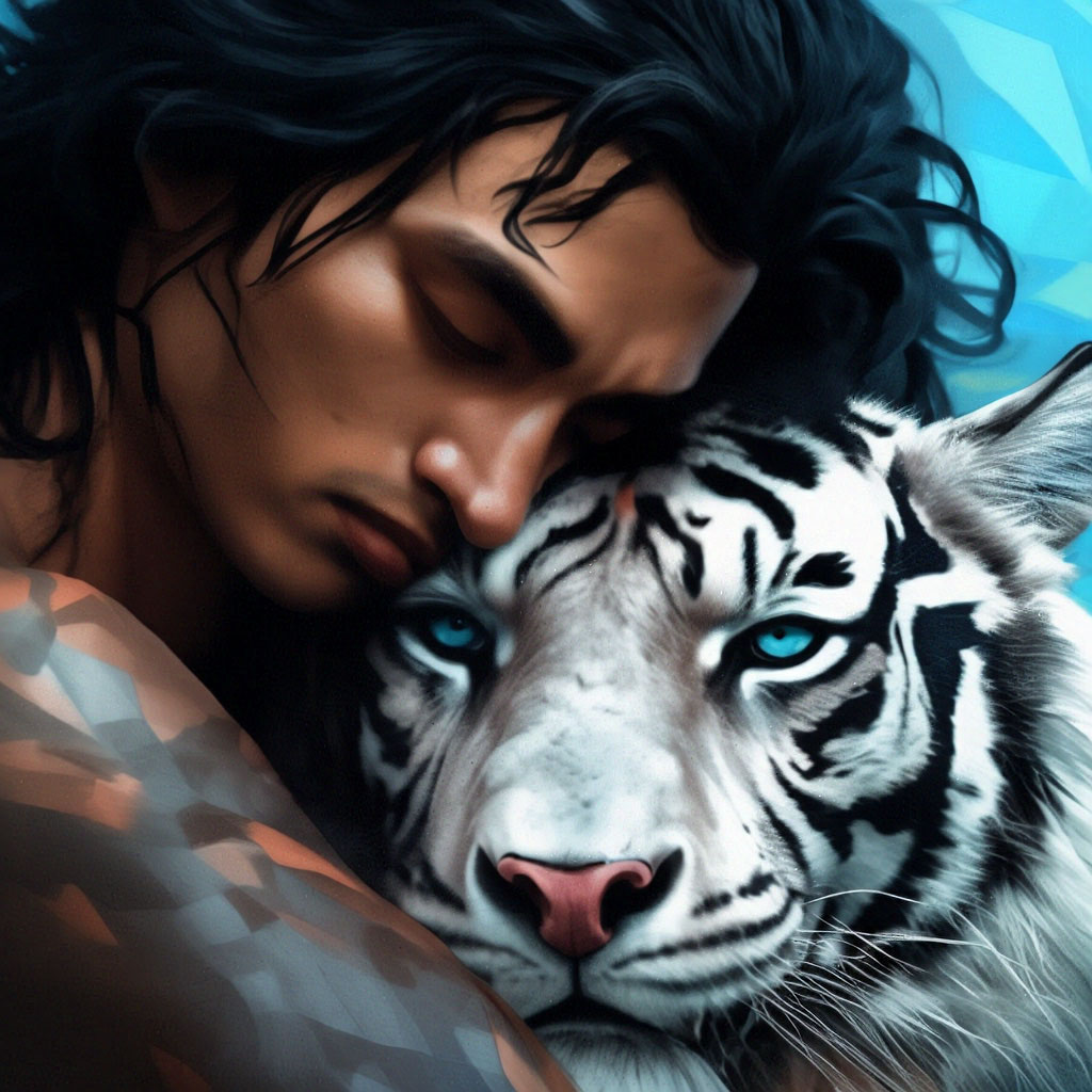 "A tigerman with black hair and a white tiger hugging and sleeping, an ...